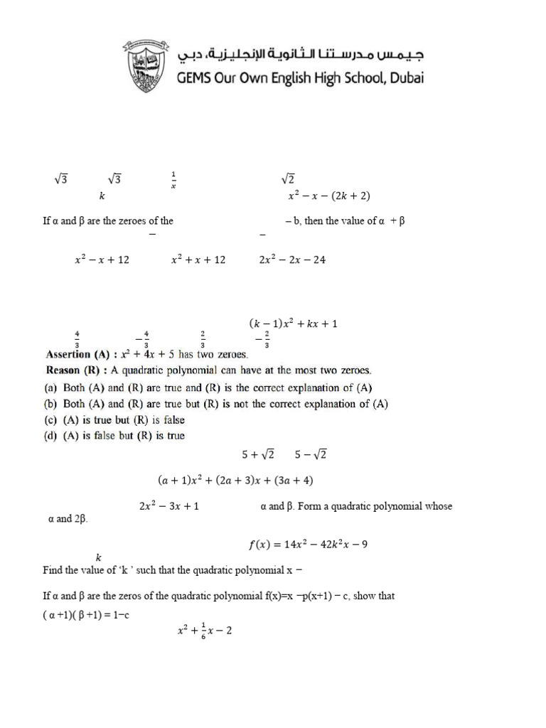 Polynomial Worksheet for Grade X | PDF | Quadratic Equation | Discrete ...