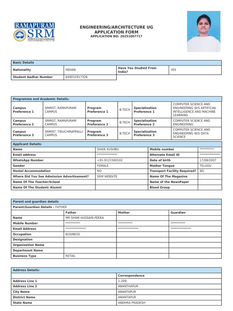 SRMIST B.Tech Application Form 2025 | PDF | Schools