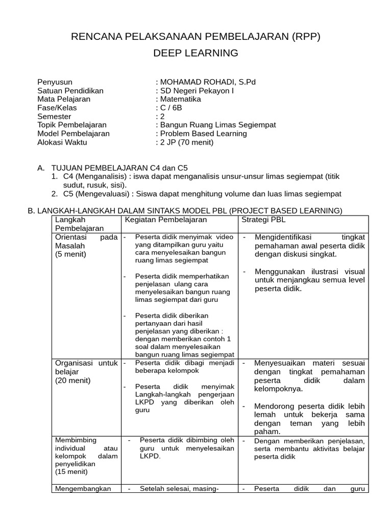 RPP Deep Learning Kelas 6b | PDF