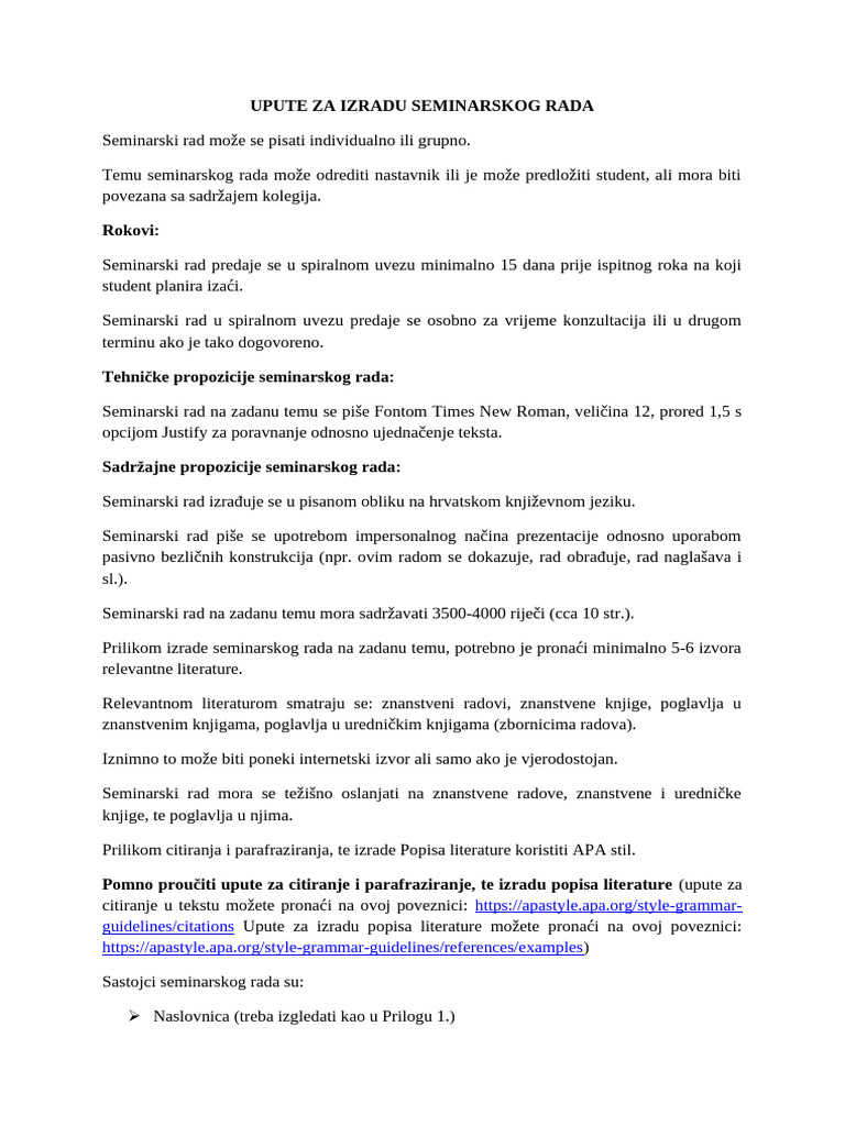 Upute Za Izradu Seminarskog Rada | PDF