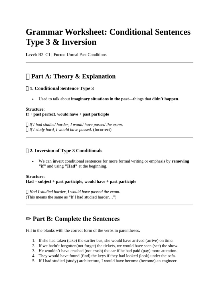 Type 3 Conditional Grammar Worksheet | PDF | Linguistic Morphology | Syntax