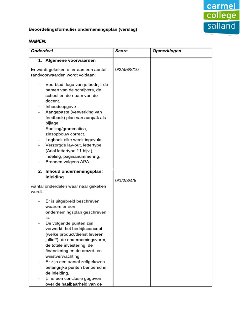 Bijlage 4. Beoordelingsformulier Ondernemingsplan (Verslag) | PDF