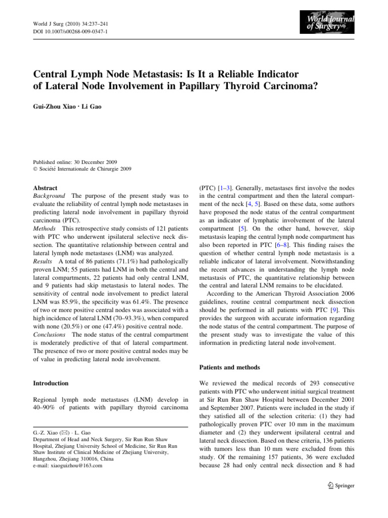 Central Lymph Node Metastasis Is It a Reliable Indicator of Lateral Node Involvement in ...