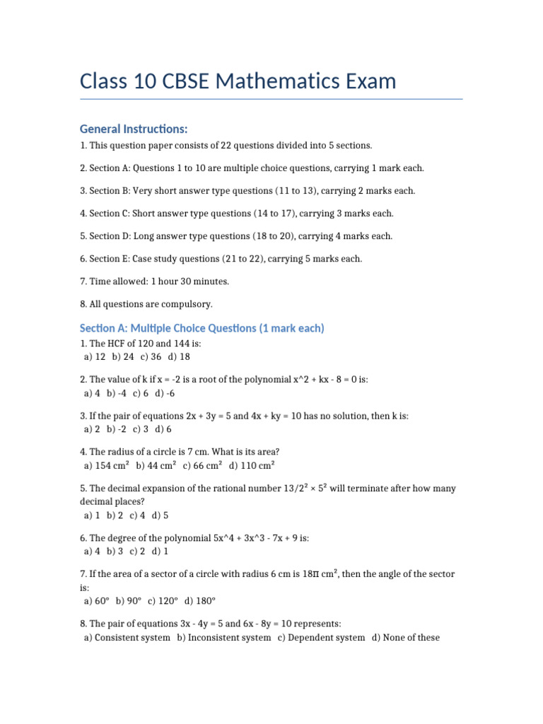 Class 10 CBSE Math Exam Paper | PDF | Circle | Quadratic Equation