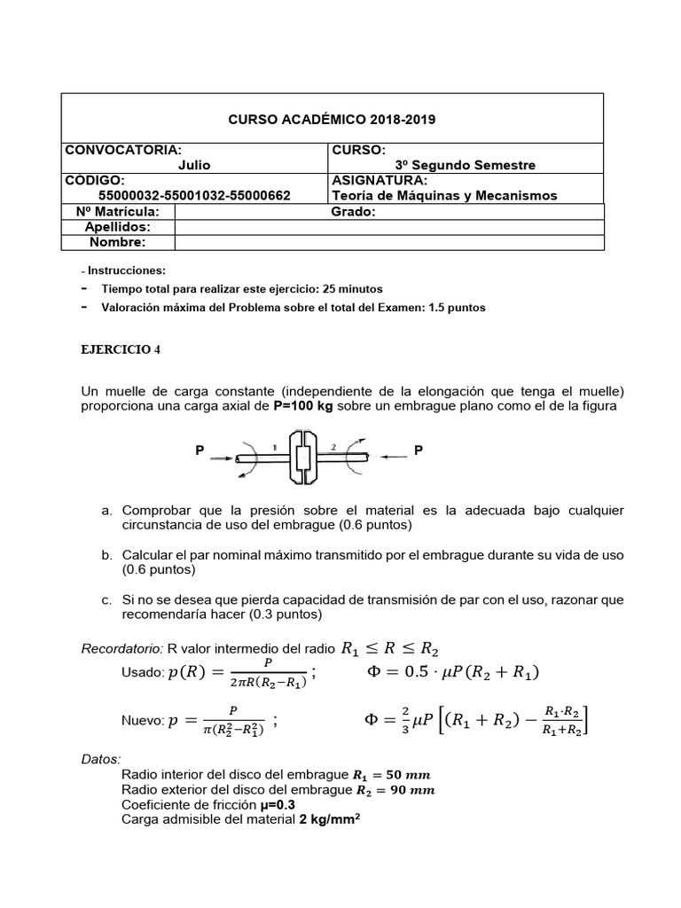 Ejercicio-Cojinete Julio 2019 Solucion | PDF | Embrague | Rodamiento (Mecánico)