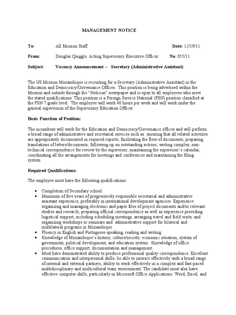 055 Secretary (Administrative Assistant) | PDF | Secretary | Employment