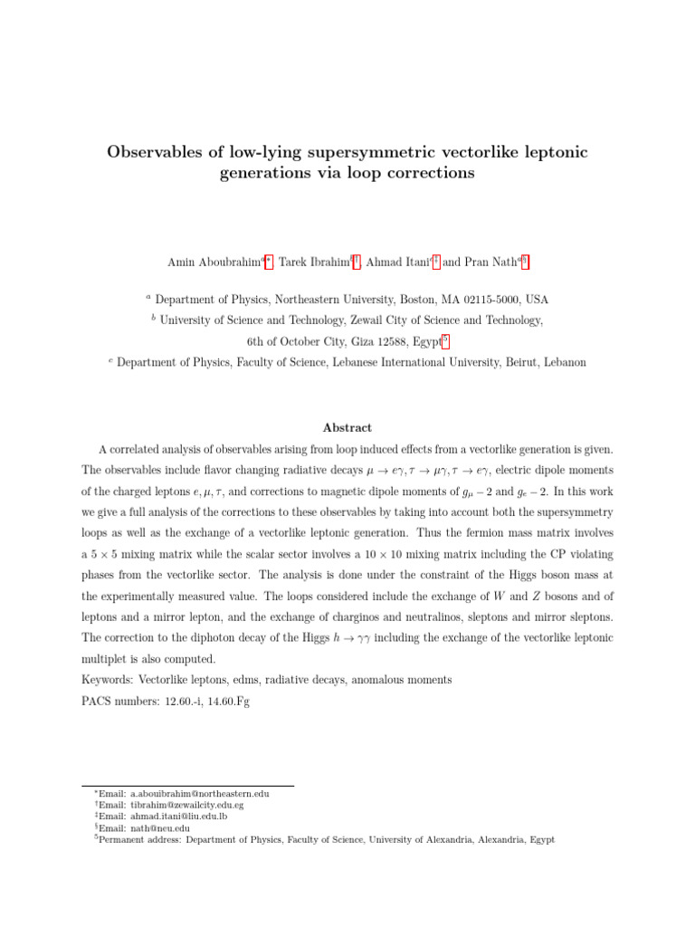Observables of Low-Lying Supersymmetric Vectorlike Leptonic Generations ...