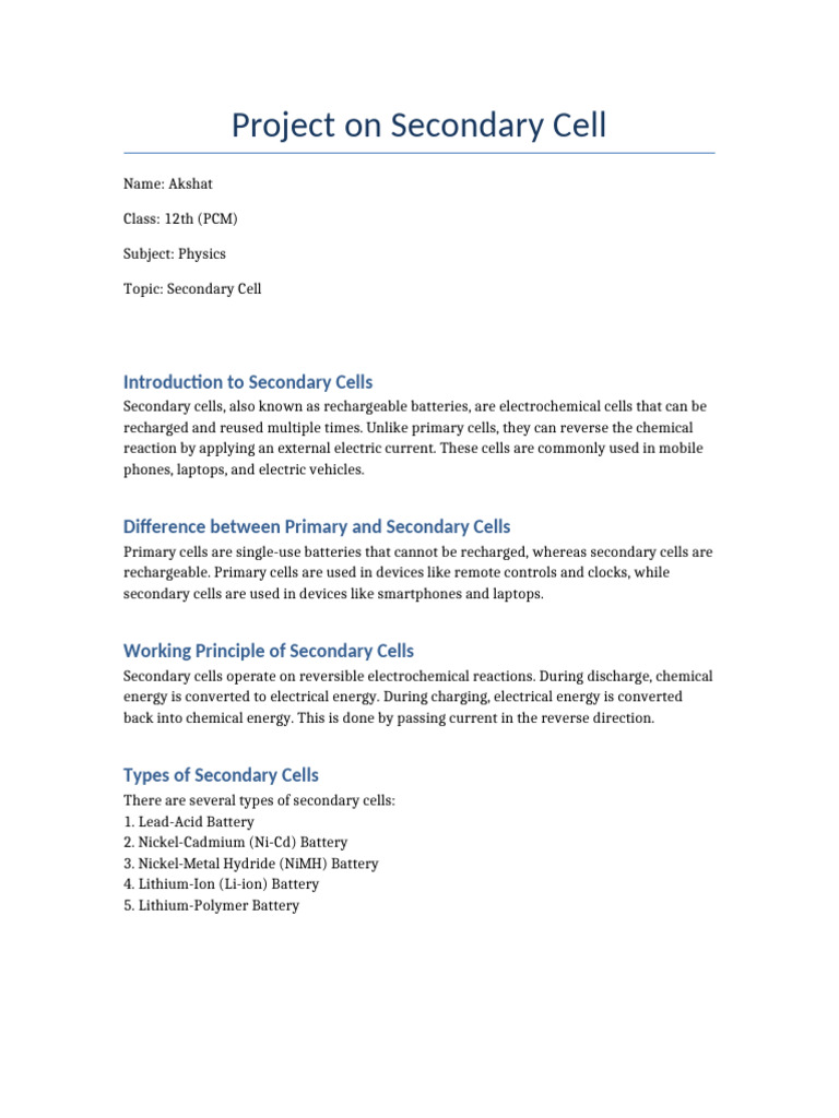 Secondary_Cell_Project_Akshat | PDF | Rechargeable Battery | Lithium ...