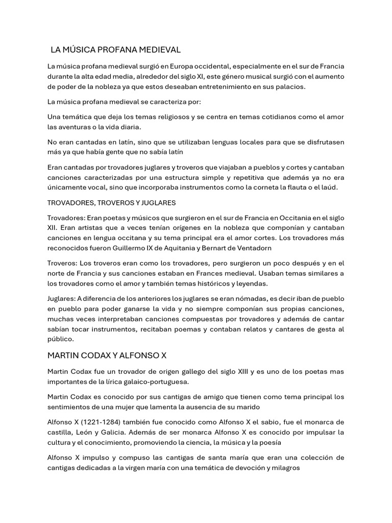 Música Profana Medieval: Trovadores y Juglares | PDF | Canciones