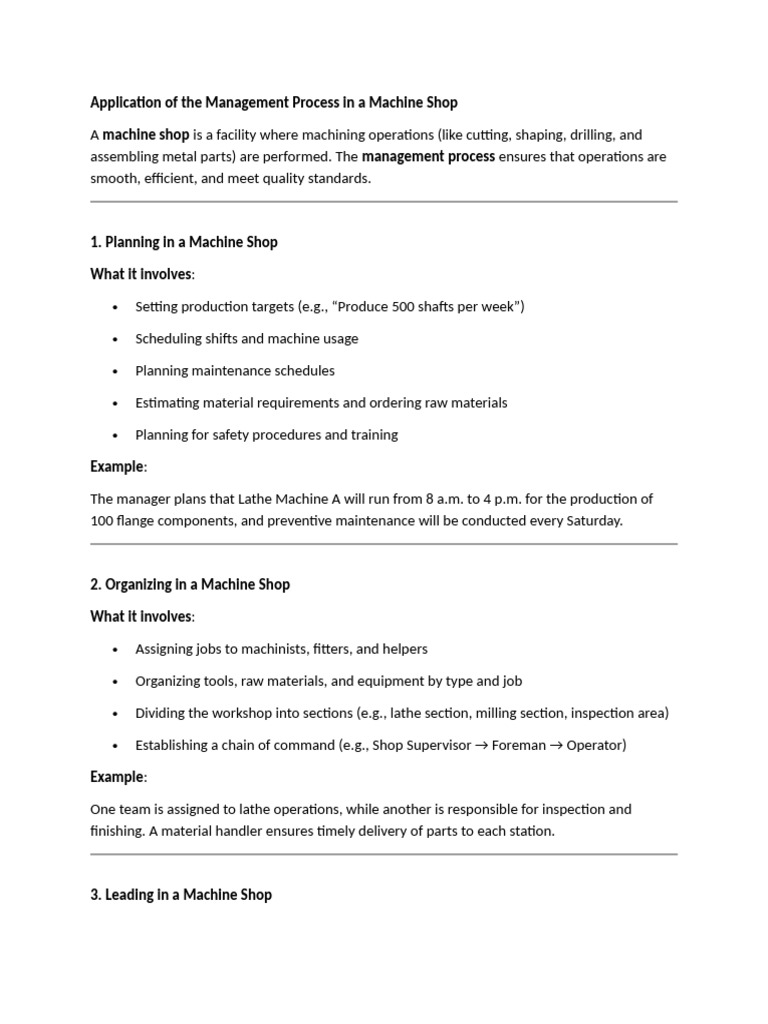 Application of The Management Process in A Machine Shop | PDF ...