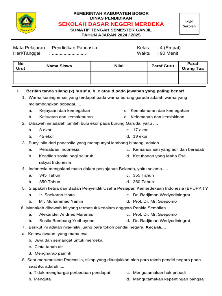 Soal Sas Pend. Pancasila Kls 4 | PDF