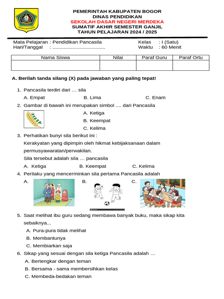 Soal Sas Pend. Pancasila Kls 1 | PDF