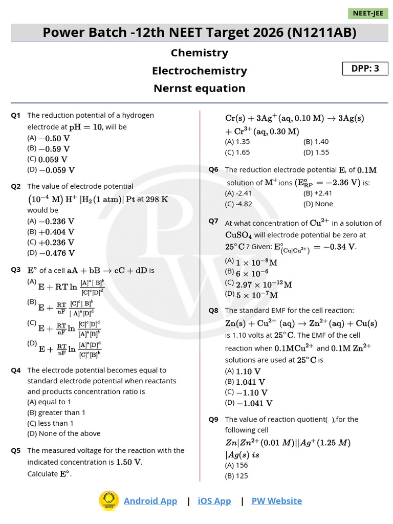 6818615a4a39fff17c3083a8 - ## - Electrochemistry DPP - 03 | PDF | Electrochemistry | Physical ...