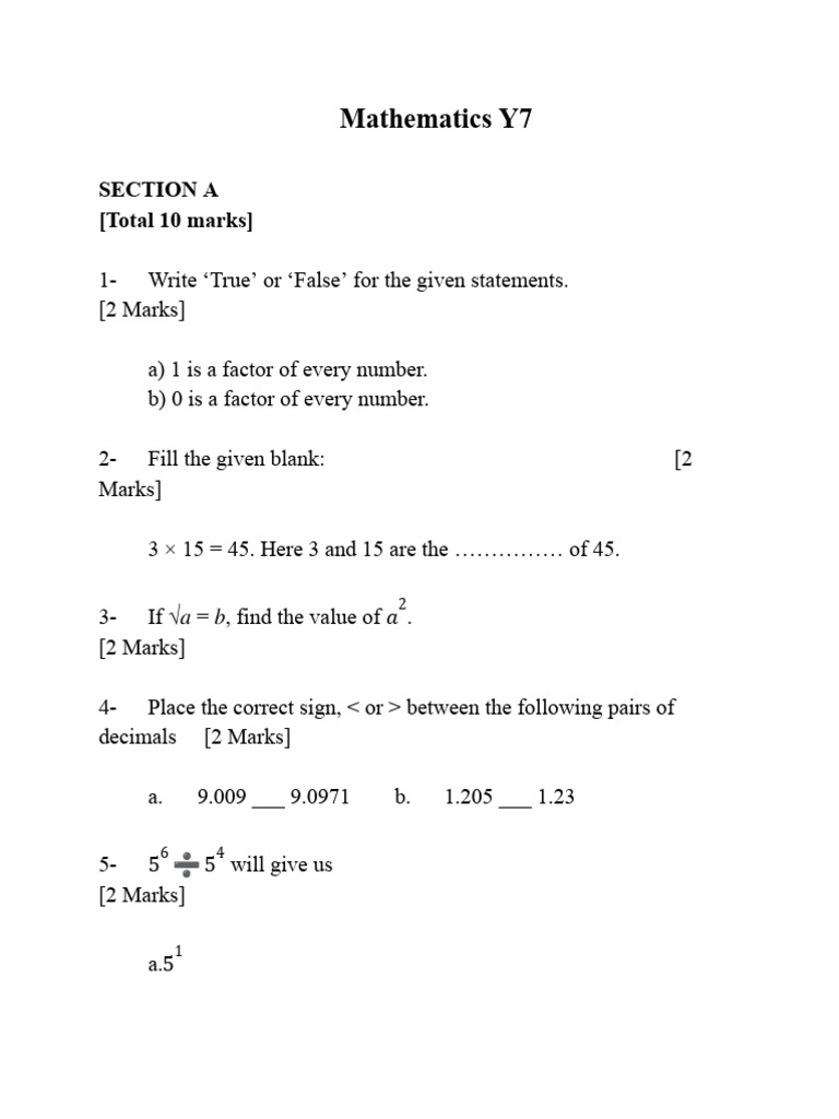 Y7 Mathematics Assessment First Term | PDF | Numbers | Inequality (Mathematics)