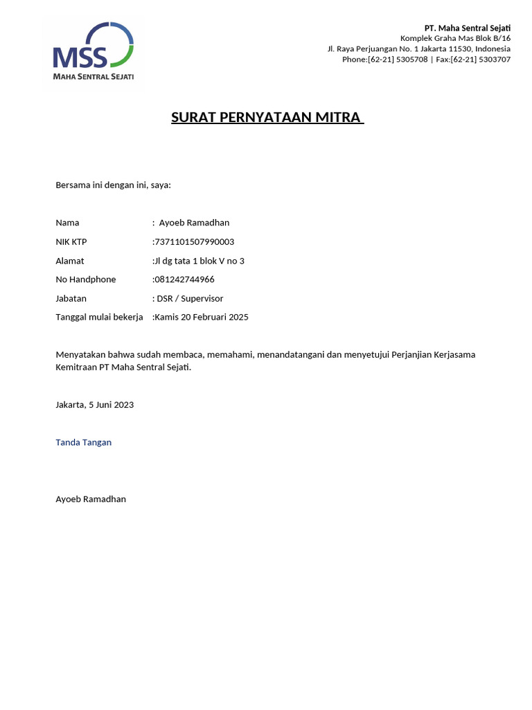 Surat Pernyataan-Mitra-MSS (1) 2 | PDF