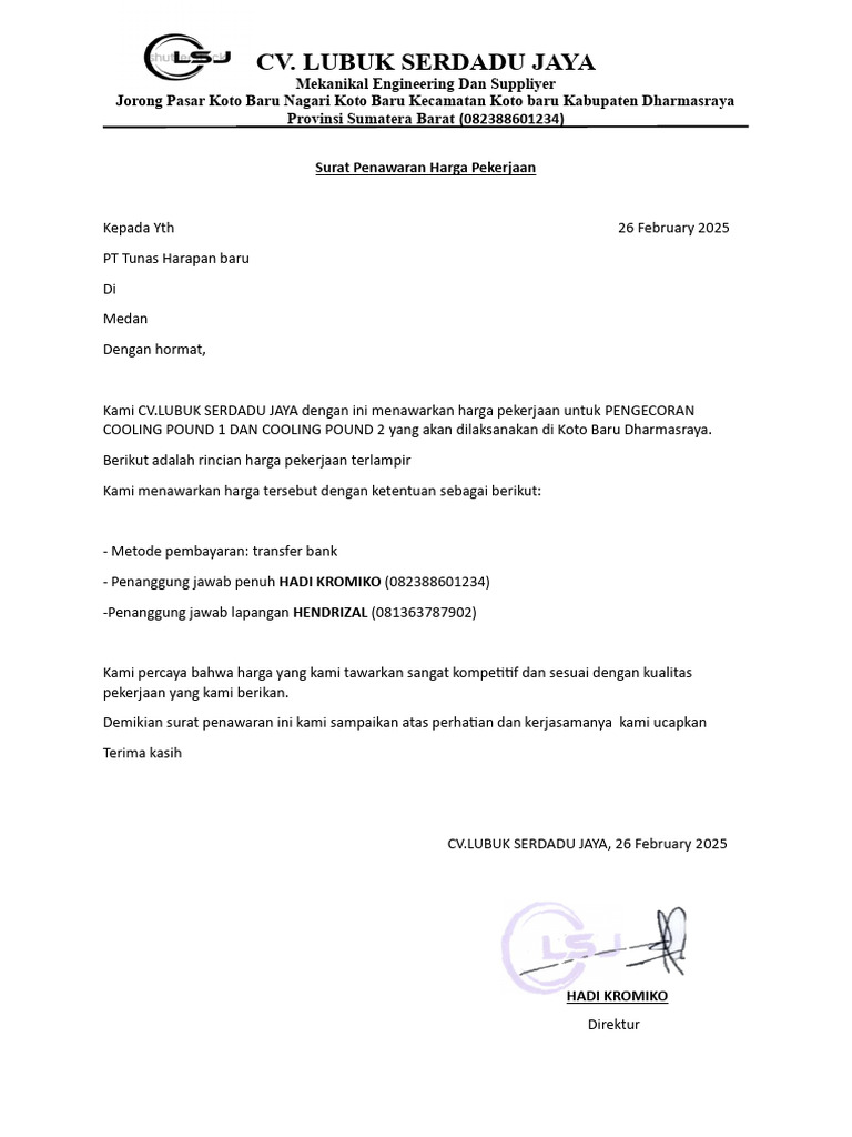 Surat Penawaran Cooling Pound 1 LSJ | PDF
