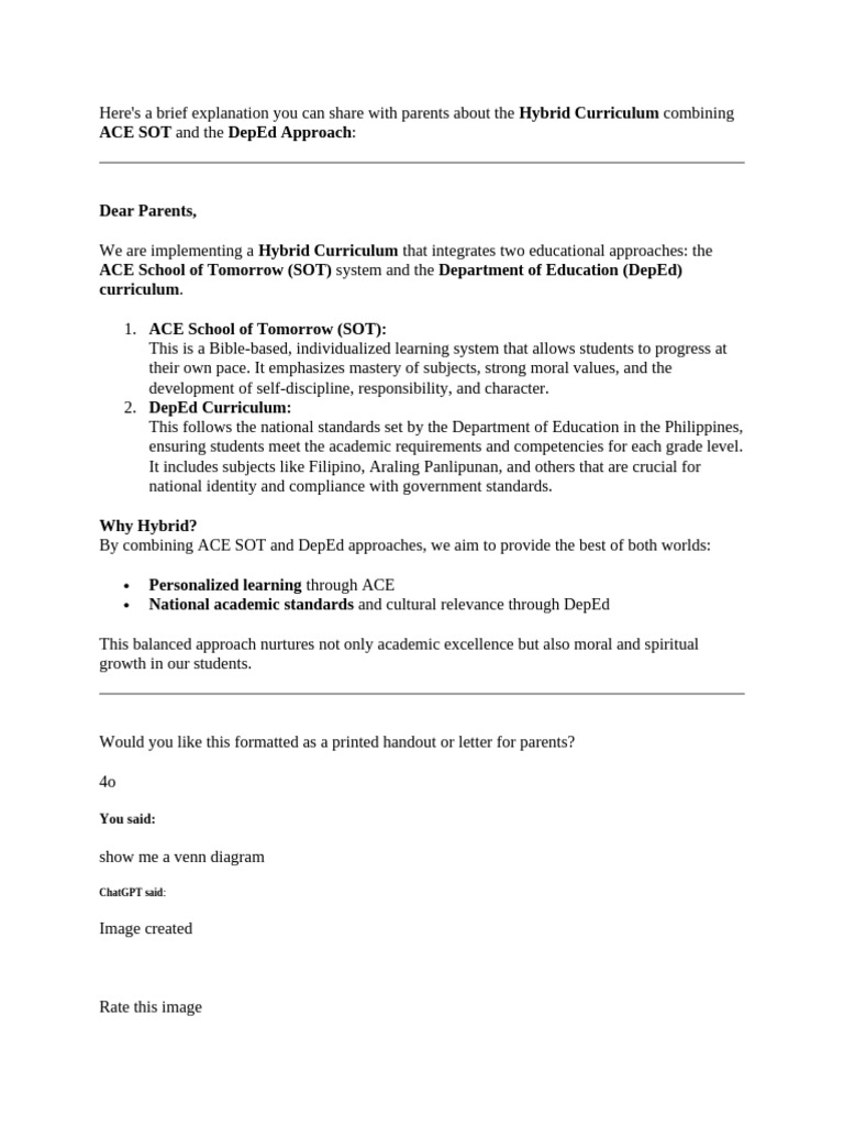 Hybrid Curriculum: ACE SOT & DepEd Integration | PDF | Curriculum ...