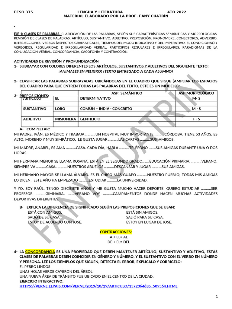 Ejerc Clases de Palabras | PDF | Verbo | Conjugación gramatical