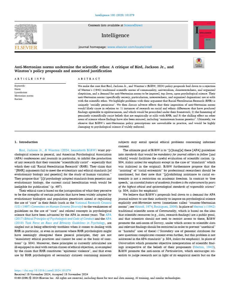 Anti-Mertonian Norms Undermine The Scientific Ethos: A Critique of Bird ...
