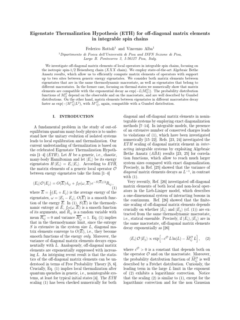 Eigenstate Thermalization Hypothesis (ETH) For Off-Diagonal Matrix ...