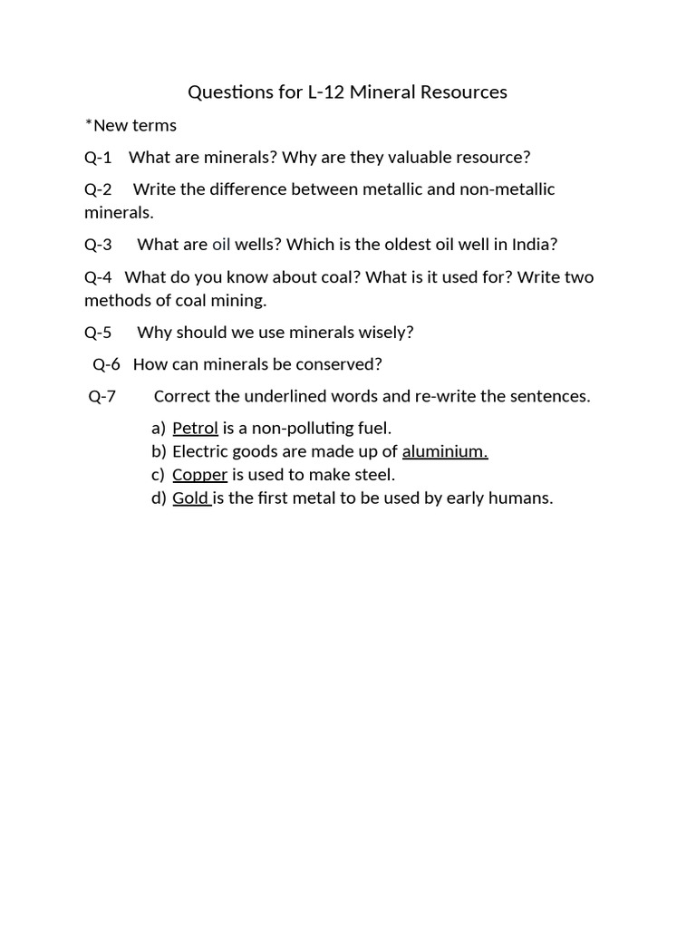 Questions For L-12 Mineral Resources 1 | PDF