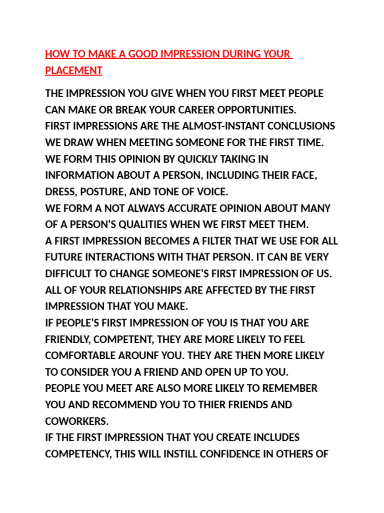 How To Make A Good Impression During Your Placement | PDF