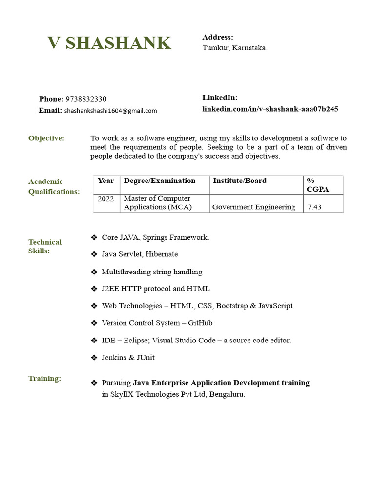 V Shashank Resume Format 2 | PDF | Java (Programming Language) | Computer Programming