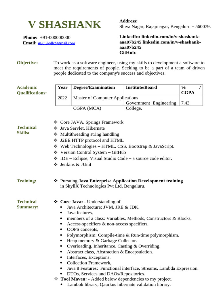 V Shashank Resume Format 2 | PDF | Java (Programming Language) | Spring Framework