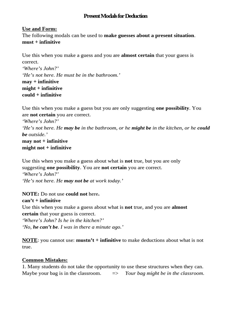 Present Modals For Deduction | PDF