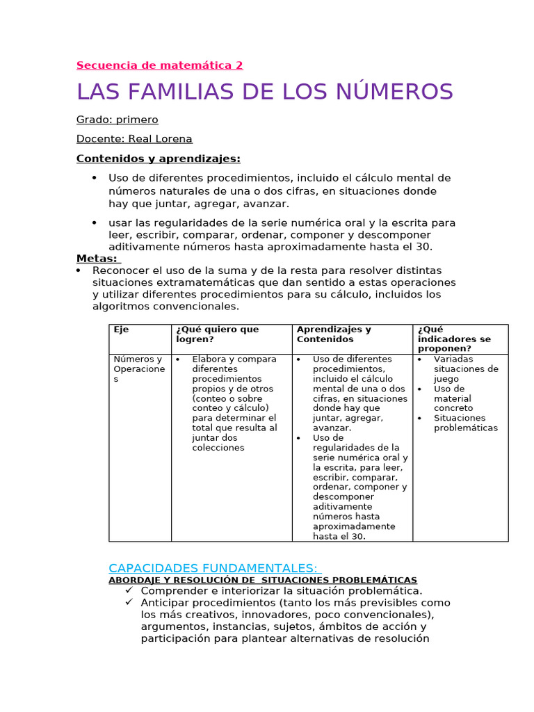 Secuencia de Matemática 2 La Familia de Los Numeros | PDF