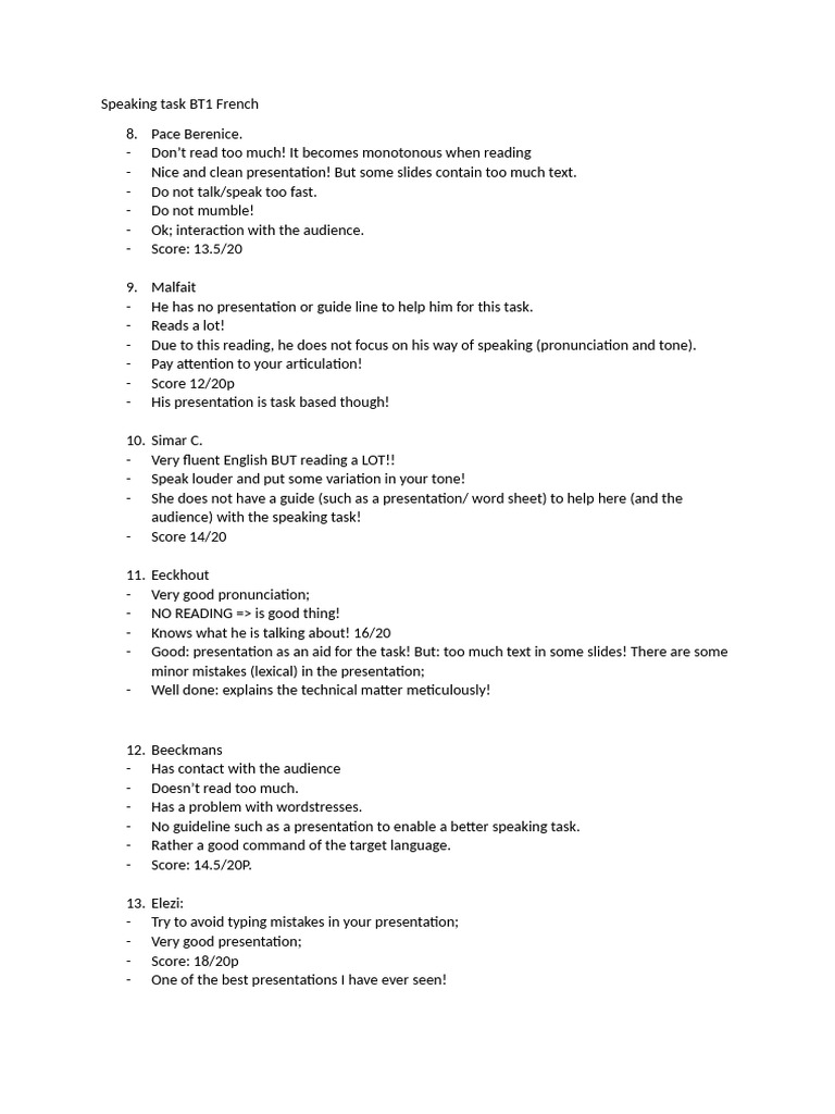 French Speaking Task Feedback Summary | PDF