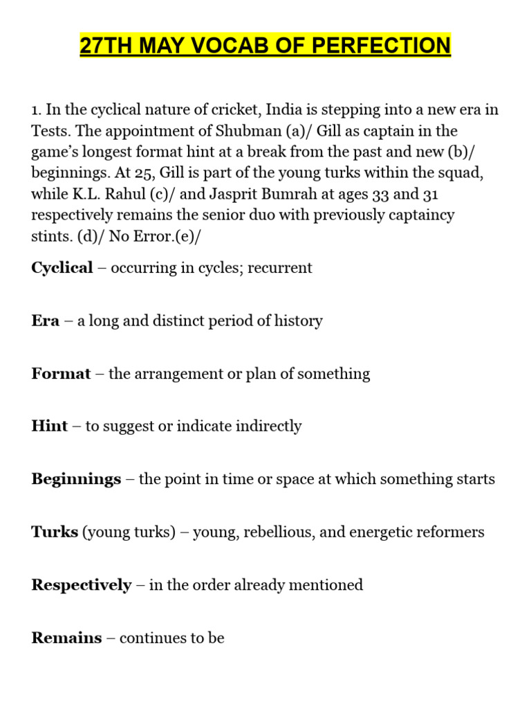 27th May Vocab of Perfection Class | PDF | Summer Sports | Cricket