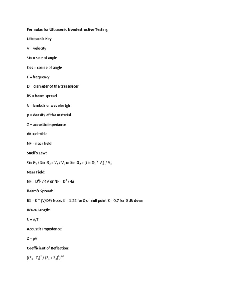 Formulas For Ultrasonic Nondestructive Testing | PDF | Sine | Decibel