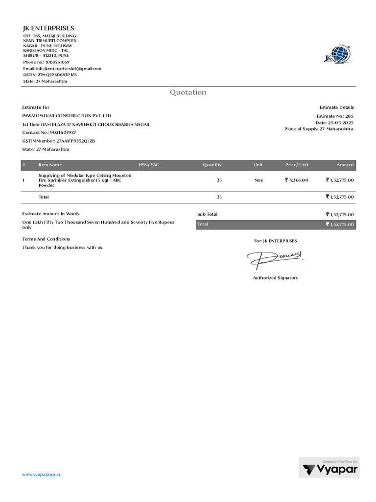 JK Quote - Fire ABC Powder Extinguisher | PDF