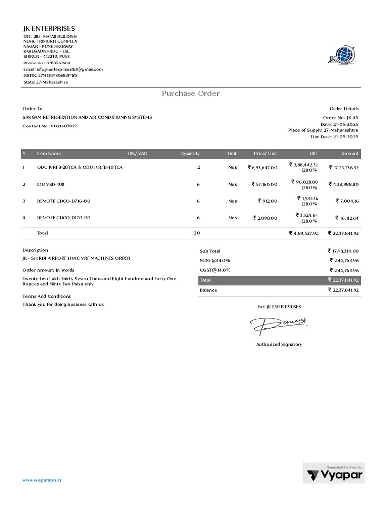 JK Purchase Order - Sangam Pune | PDF | Currency | British Empire