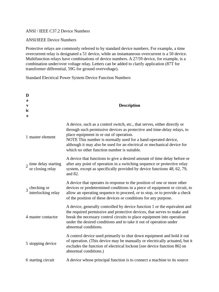 Device Numbers and Functions For Switchgear Apparatus, IEEE | PDF ...