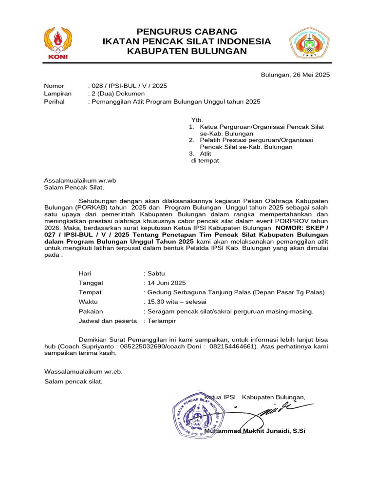 Surat Pemanggilan Atlit | PDF