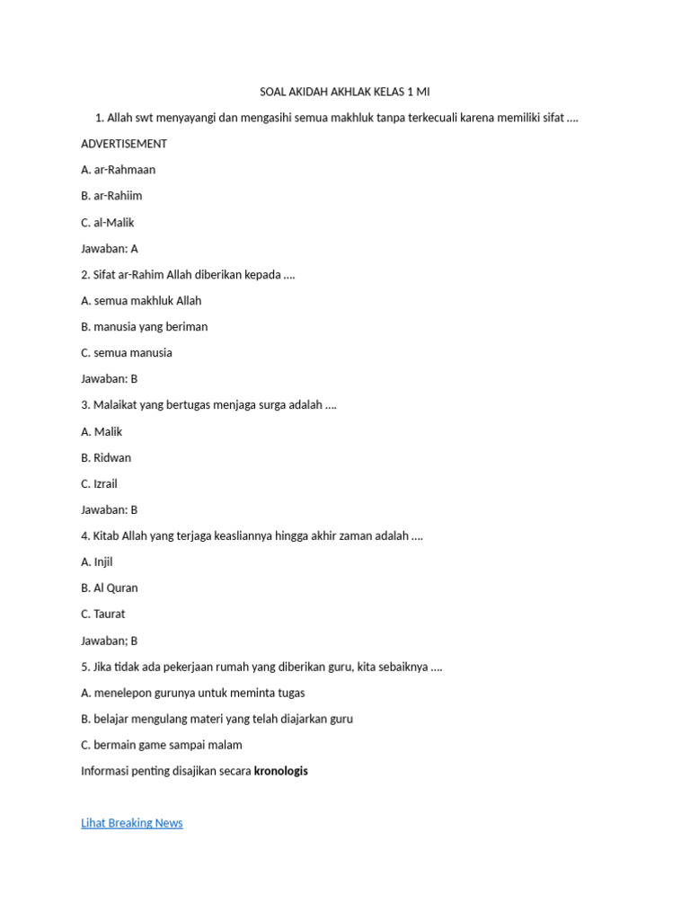 Soal Akidah Akhlak Kelas 1 Mi | PDF