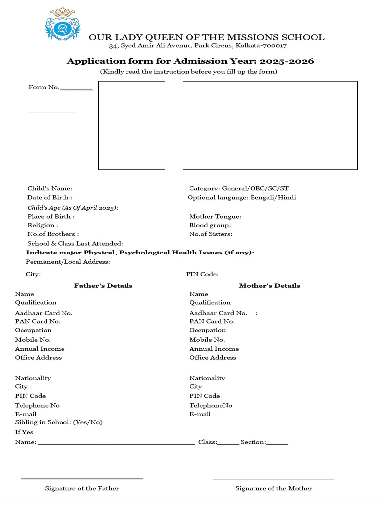 Admission Form 2025-26: Our Lady School | PDF | Government And Personhood