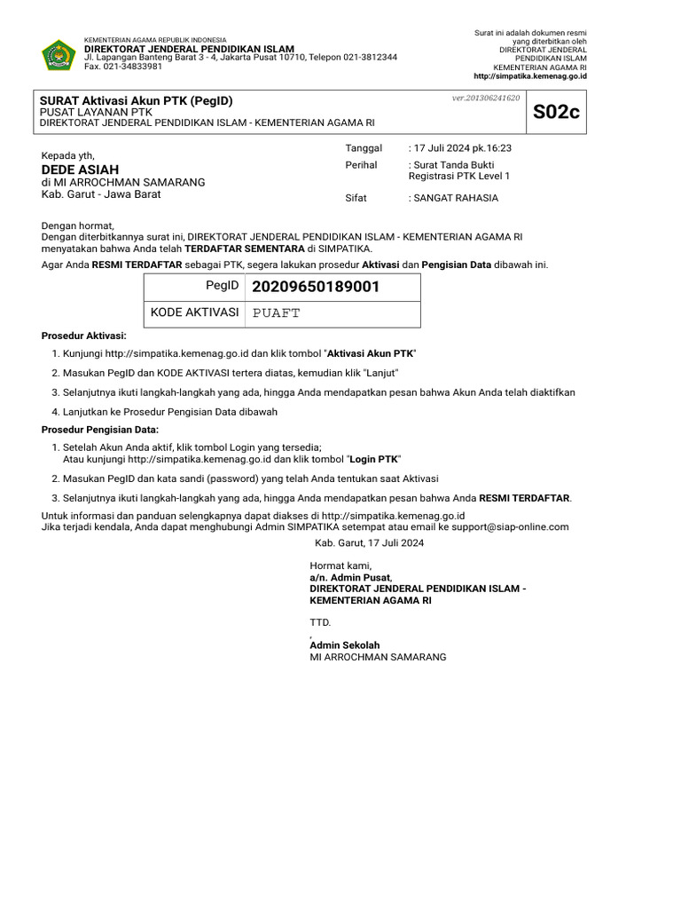 Surat Aktivasi DEDE ASIAH SIMPATIKA MI ARROCHMAN SAMARANG | PDF