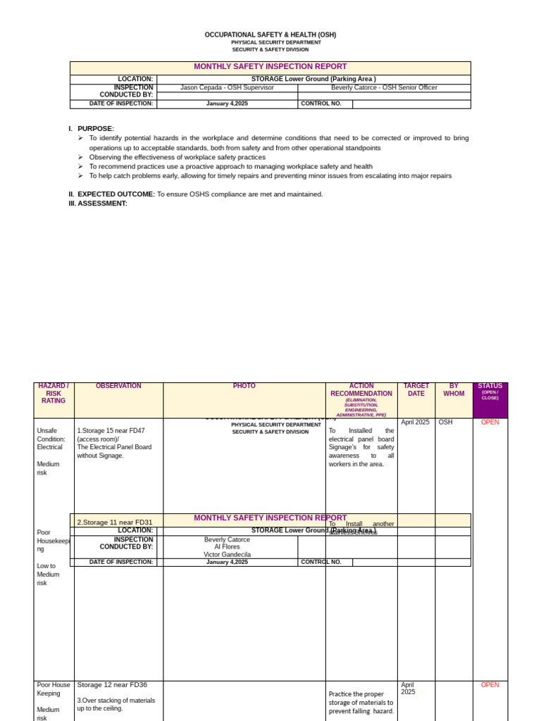 Storage Monthly Safety Inspection Report - For Review | PDF ...