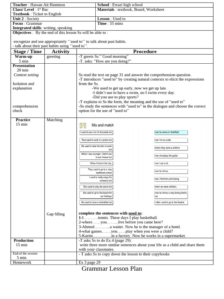 Grammar Lesson Plan: "Used To" | PDF | Teaching | Linguistics