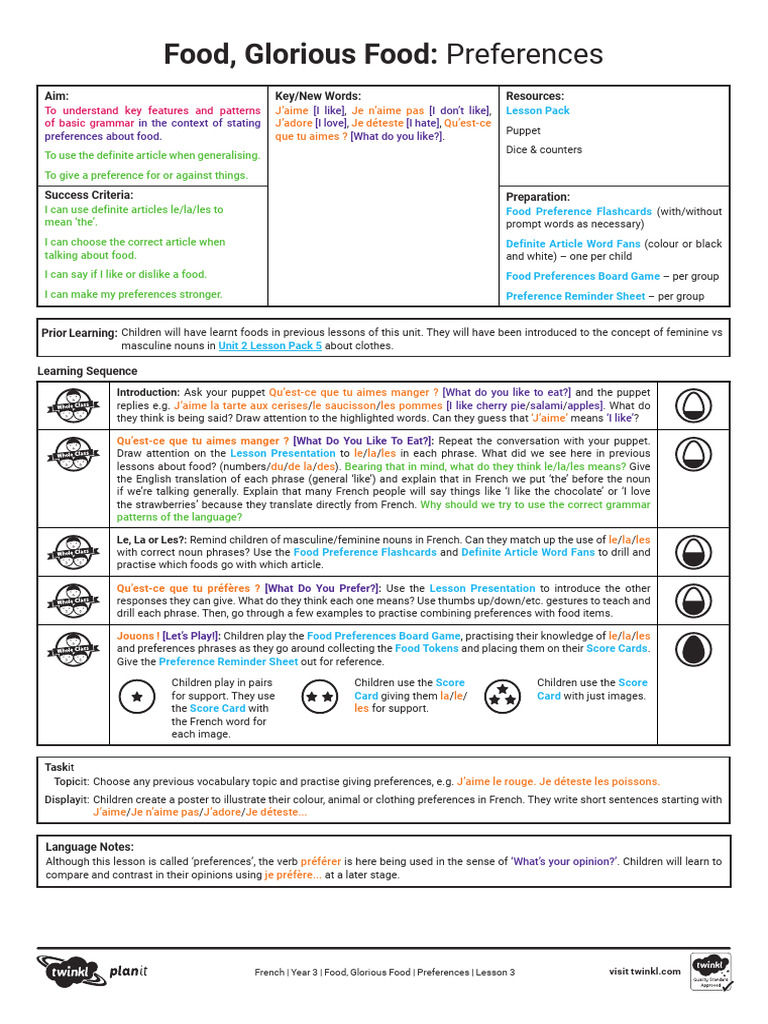 French Food Preferences for Kids | PDF | French Language | Noun