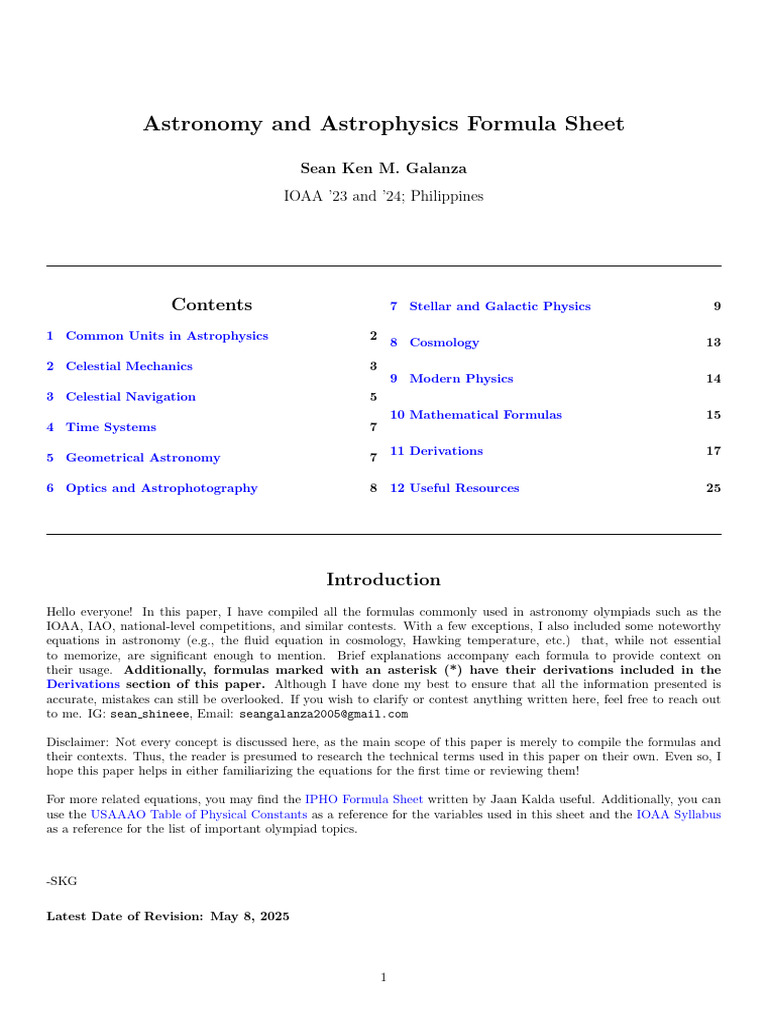 Astronomy and Astrophysics Formula Sheet | PDF | Orbit | Apparent Magnitude