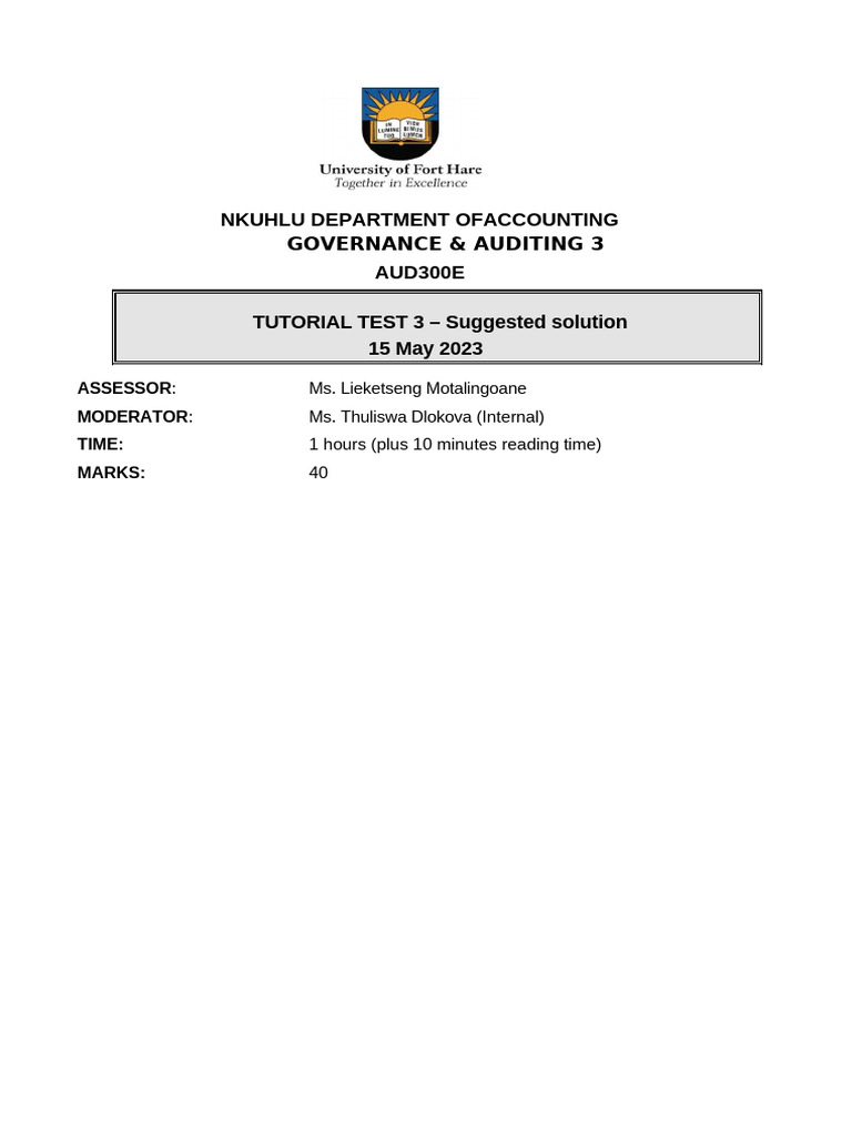 AUD 3 Tutorial Test 3 - Adjusted Suggested Solution | PDF ...