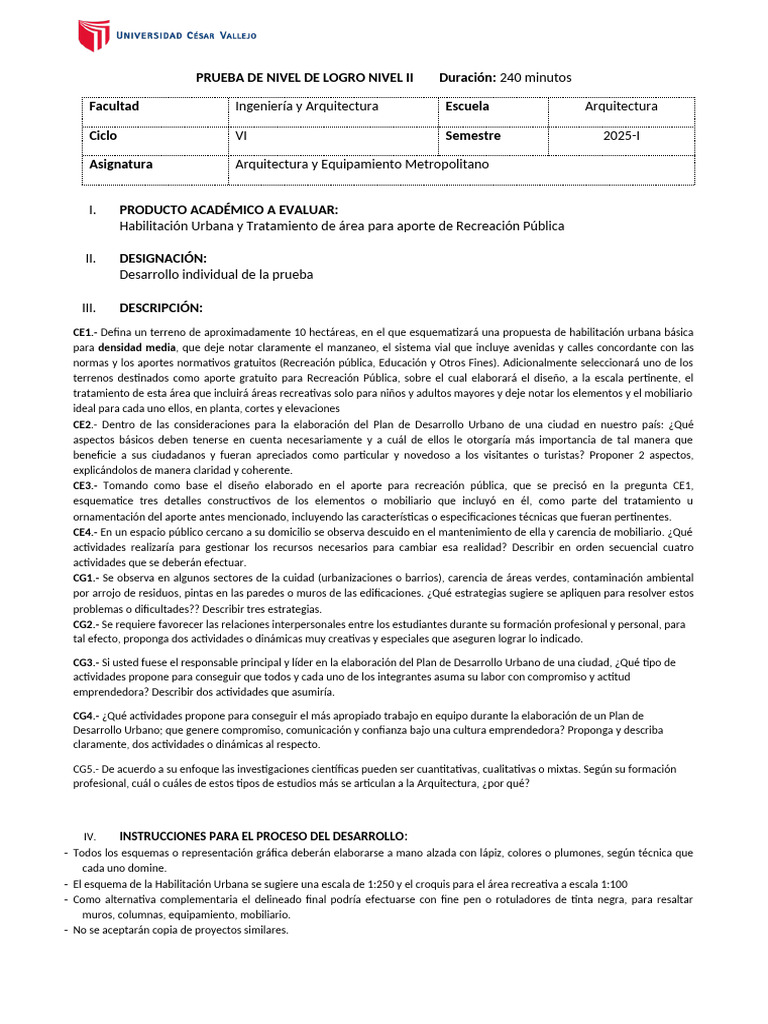 Prueba de Nivel de Logro Nivel 2 Vi Ciclo 2025 1 Plan D | PDF | Evaluación | Planificación urbana