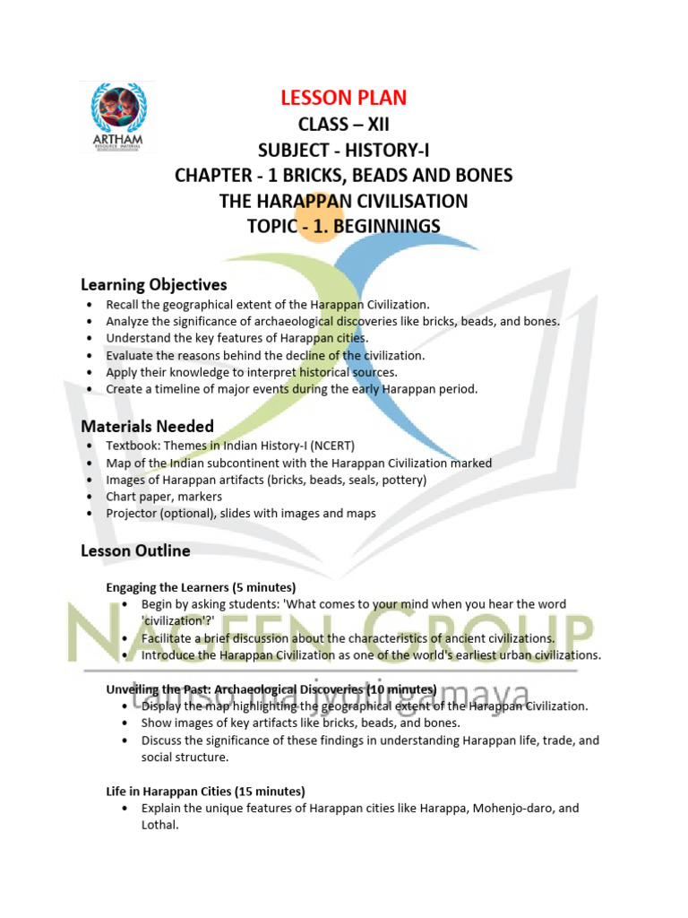 Lesson Plan Class 12 History I CH 1 Bricks, Beads and Bones | PDF ...