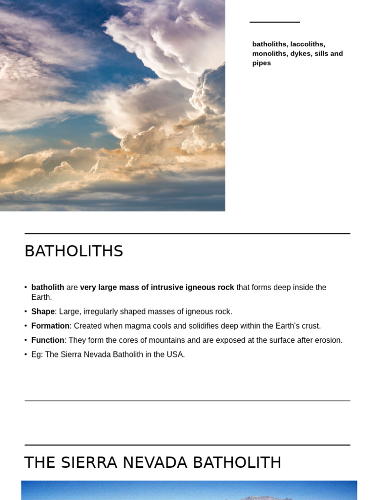 Batholiths J Laccoliths J Monoliths J Dykes J Sills and Pipes | PDF ...