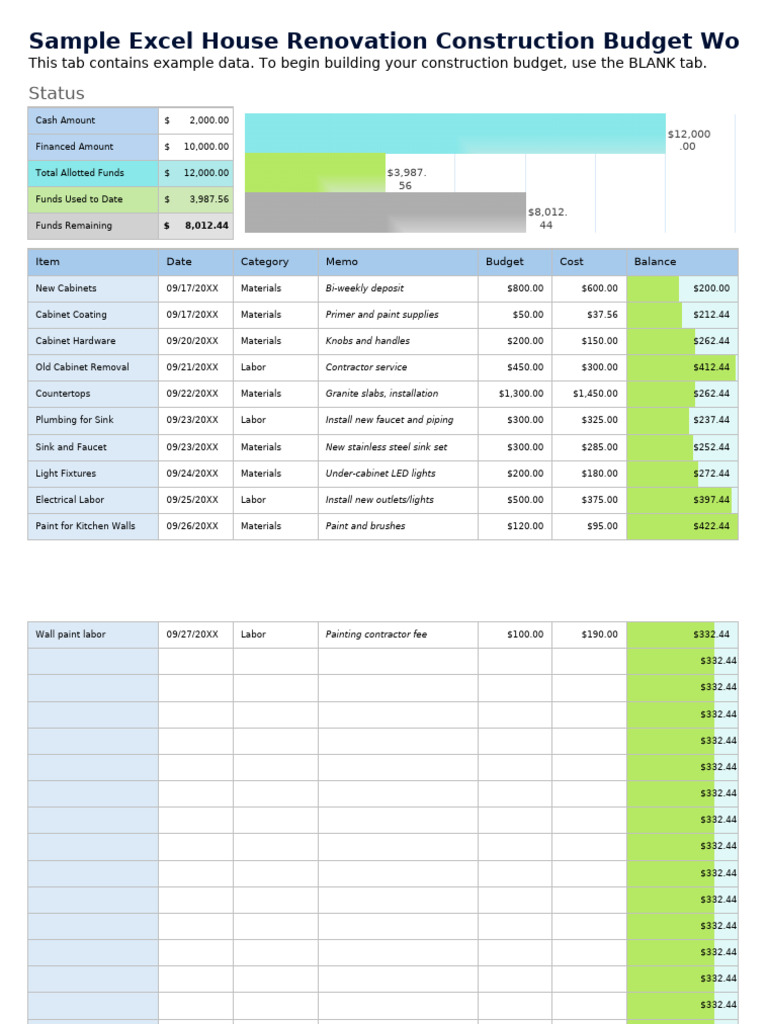IC Sample Excel House Renovation Construction Budget Worksheet 12298 ...
