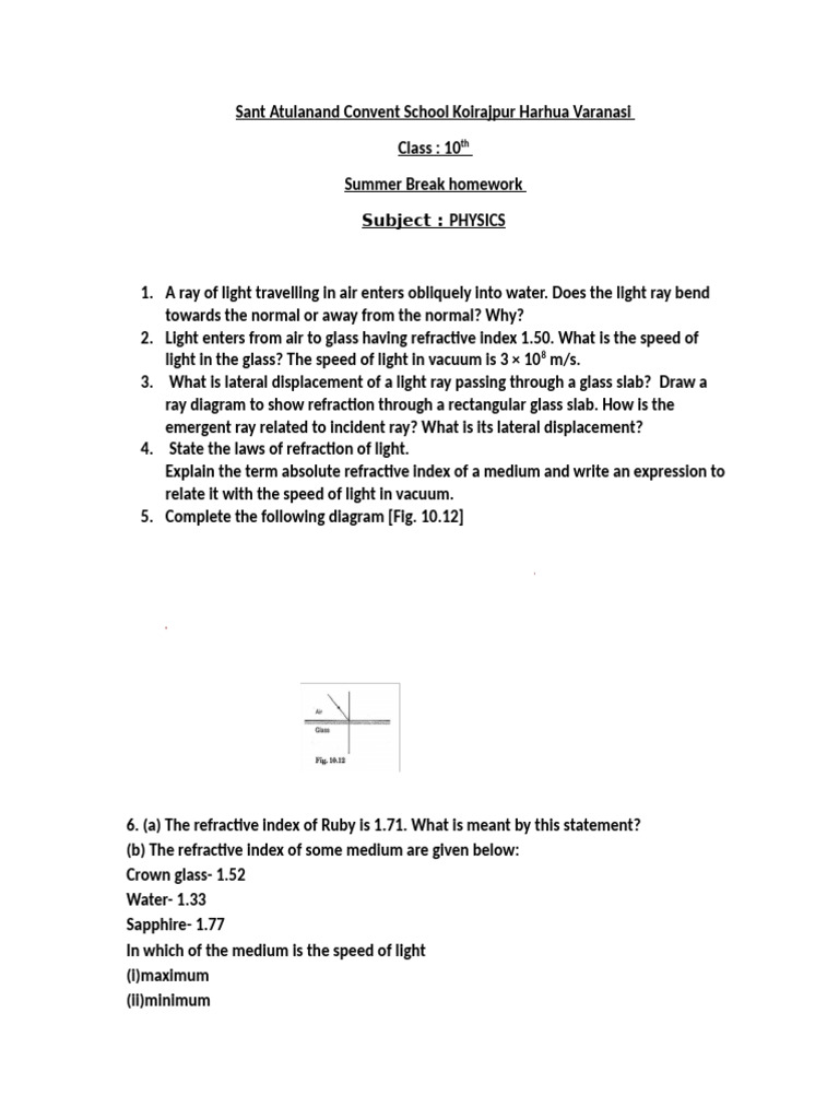 Summer Break Homework 10th Class Physics | PDF | Refraction | Mirror